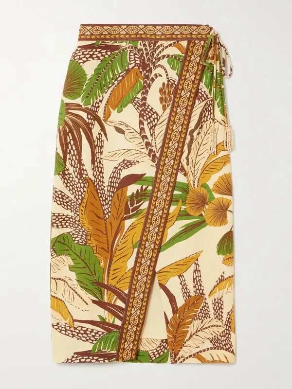 Farm Rio Printed Linen-blend Wrap Midi Skirt With Tassels - Neutrals