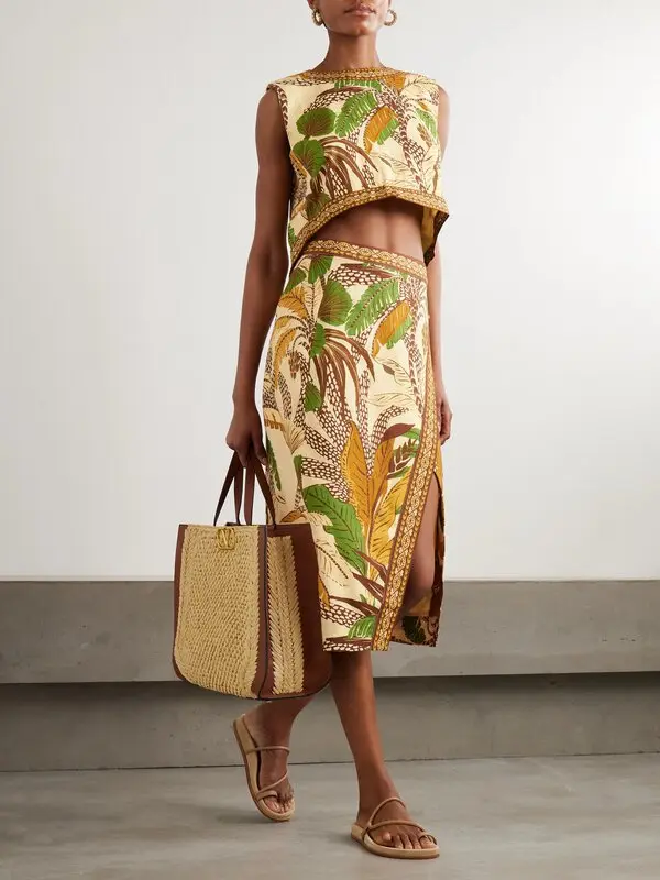 Farm Rio Printed Linen-blend Wrap Midi Skirt With Tassels