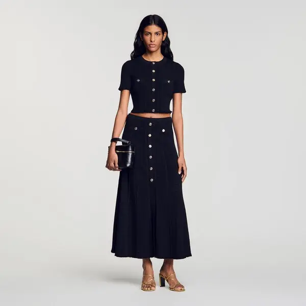 Sandro Pointelle Knit Midi Skirt - Black