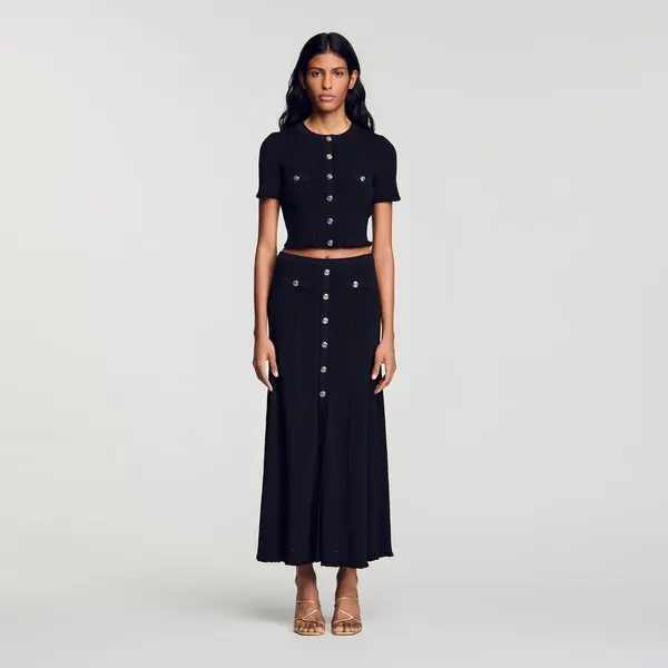 Sandro Pointelle Knit Midi Skirt With Decorative Buttons