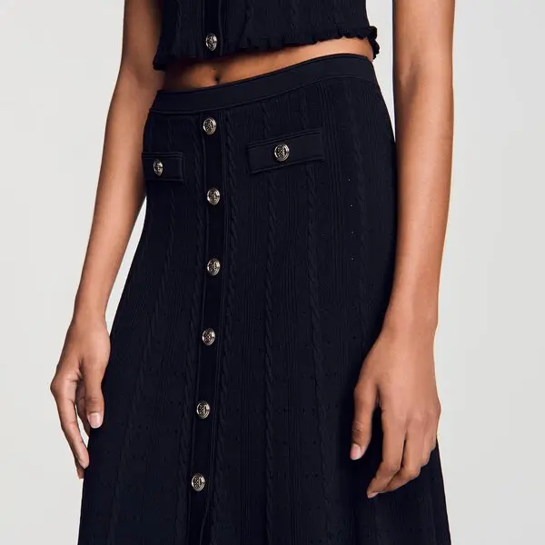 Sandro Pointelle Knit Midi Skirt With Decorative Buttons