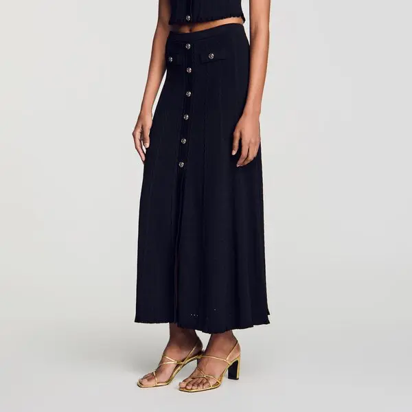 Sandro Pointelle Knit Midi Skirt With Decorative Buttons