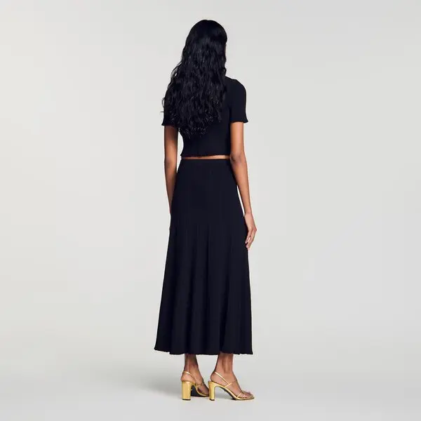 Sandro Pointelle Knit Midi Skirt With Decorative Buttons