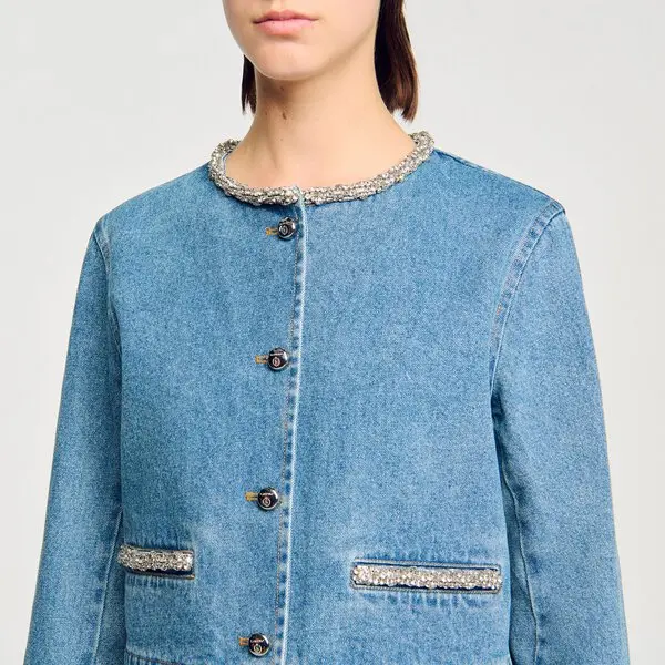 Sandro Rhinestone Embellished Denim Jacket - Blue Jean