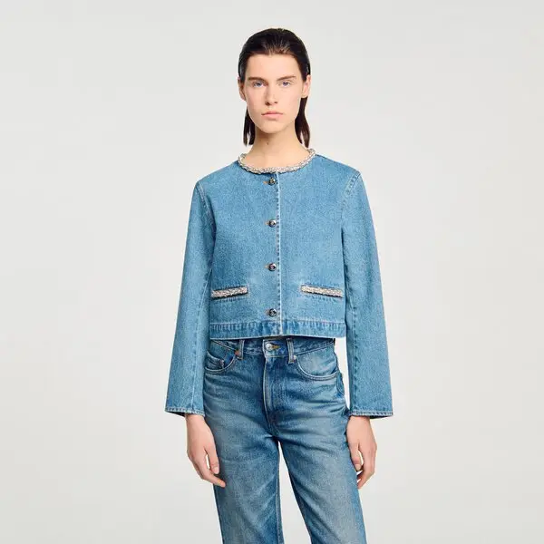 Sandro Rhinestone Embellished Denim Jacket - Blue Jean