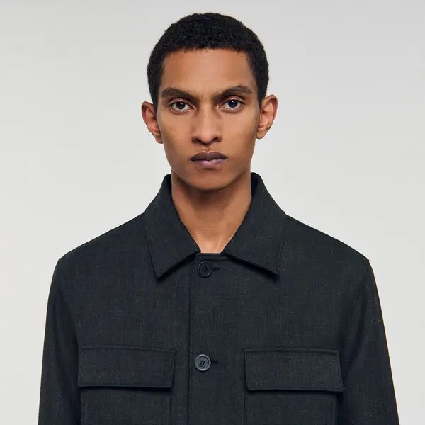 Sandro Wool Overshirt With Pockets - Dark Grey