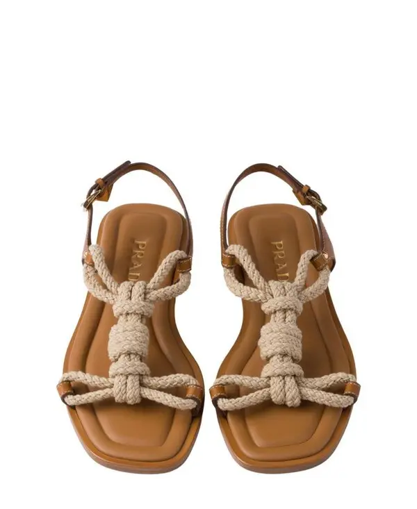 Prada Flat Leather And Cord Sandals - Brown