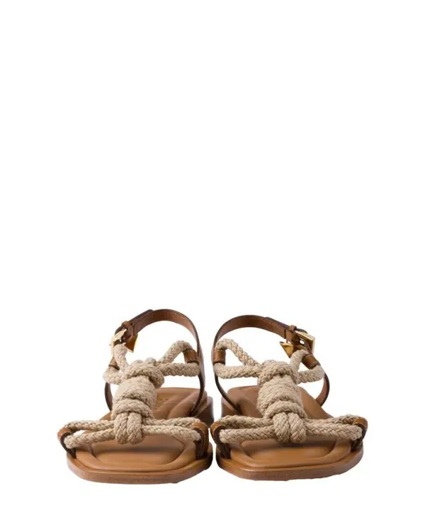 Prada Flat Leather And Cord Sandals - Brown