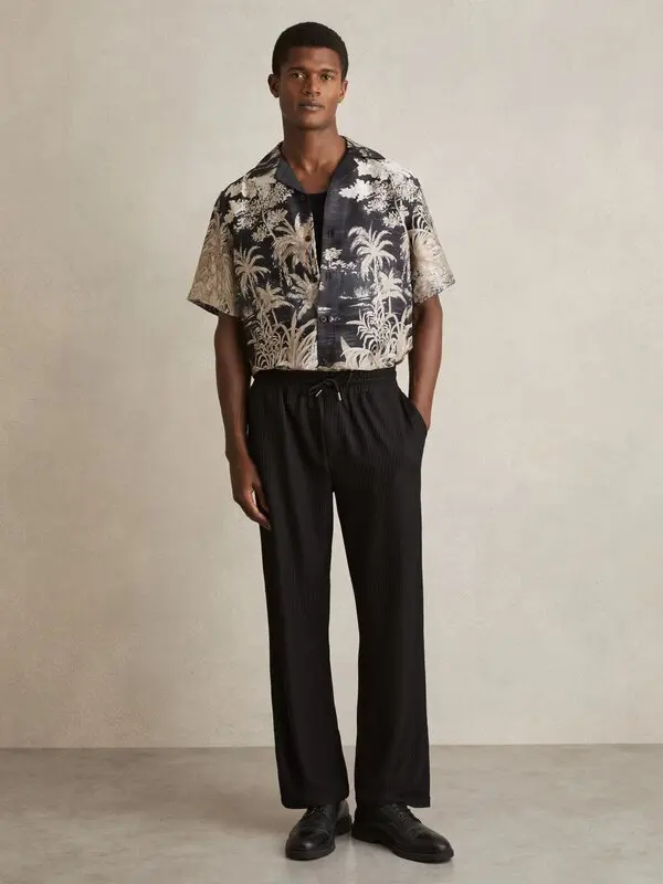 REISS Yoshi Jungle Print Cuban-collar Shirt - Black