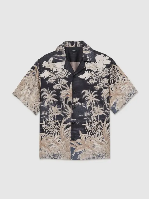 REISS Yoshi Jungle Print Cuban-collar Shirt - Black