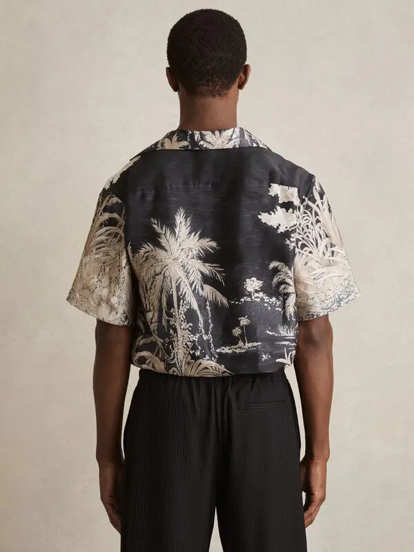 REISS Yoshi Jungle Print Cuban-collar Shirt - Black