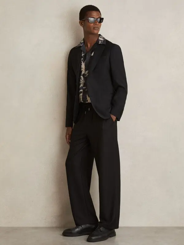 REISS Yoshi Jungle Print Cuban-collar Shirt - Black