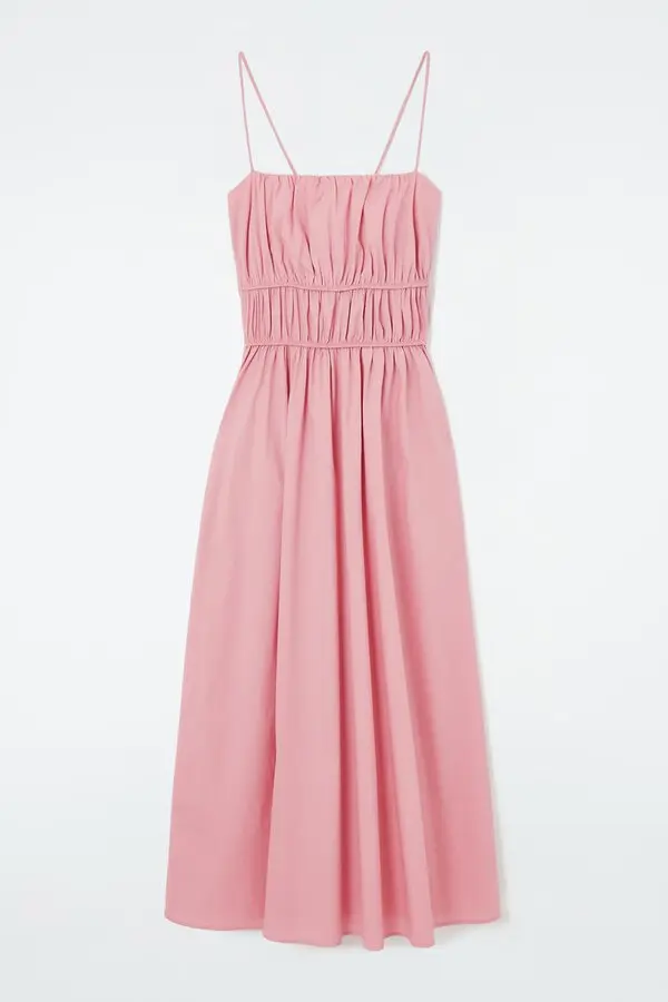 Cos Gathered Cotton Midi Dress - Pink