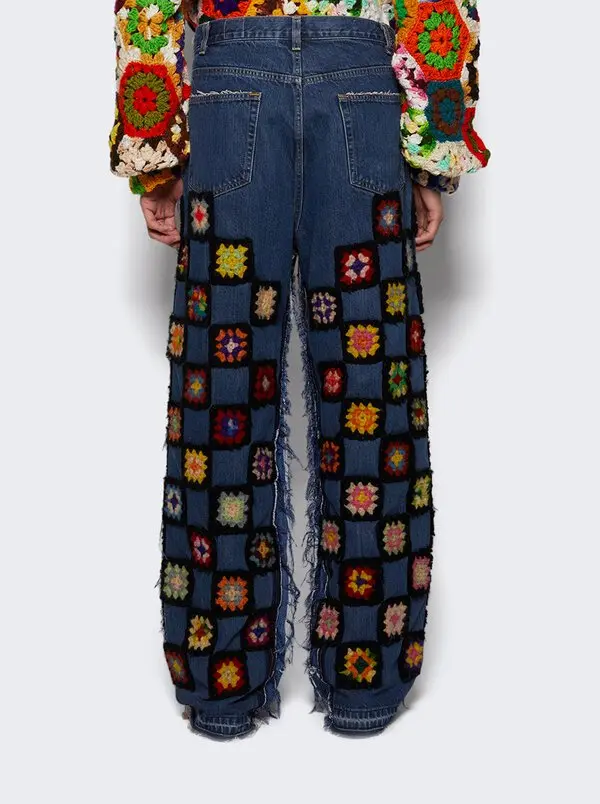 NIGEL XAVIER Checkerboard Crochet Denim Jeans