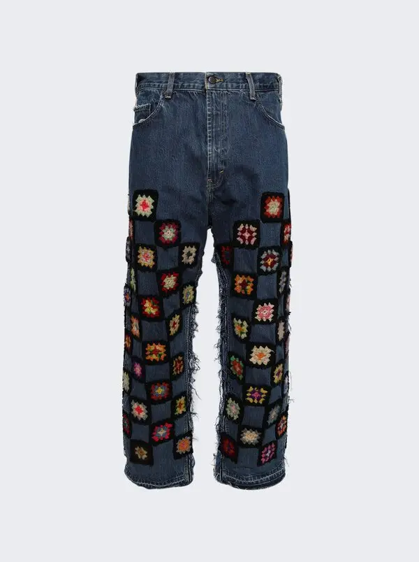 NIGEL XAVIER Checkerboard Crochet Denim Jeans - Blue