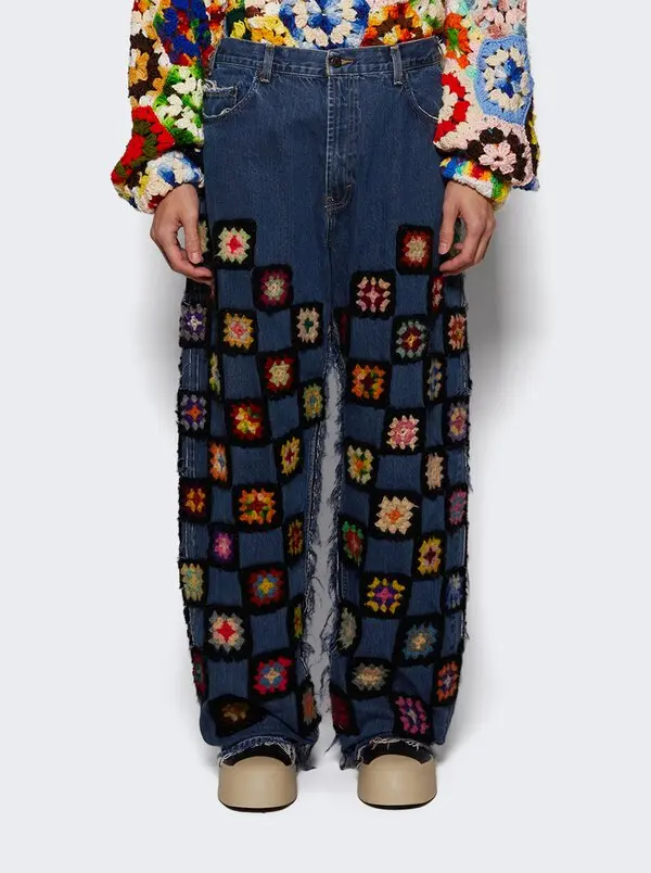 NIGEL XAVIER Checkerboard Crochet Denim Jeans