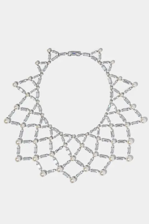 Nadri Ingrid Cz And Pearl Xl Netting Necklace - Rhodium