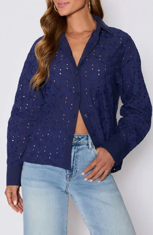VICI Garden Stroll Floral Eyelet Button-up Shirt - Navy
