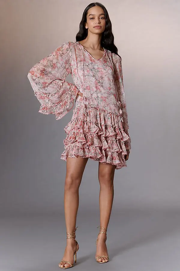 mac duggal ruffled a-line flutter-sleeve mini dress Simple Demure Burgundy Plus Size V-Neck Asymmetric Hem Long Sleeve Gow   Bridal Glee