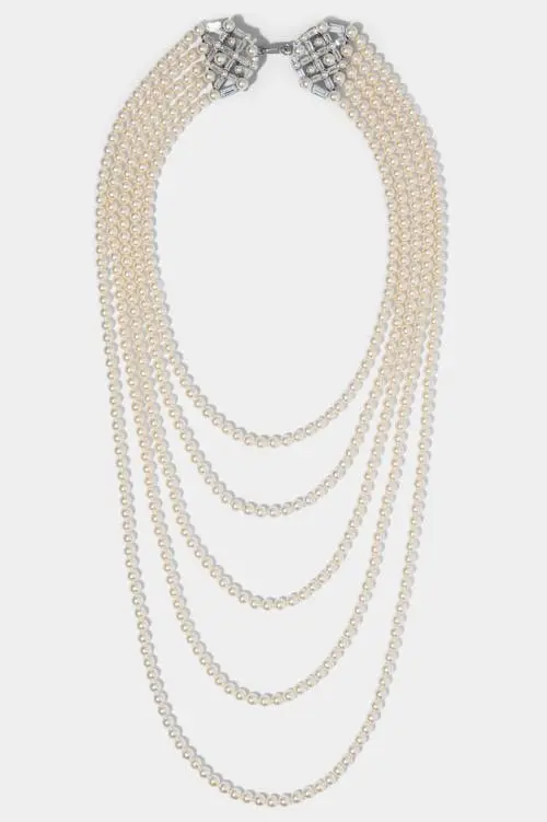 Nadri Ingrid Multi Pearl Strand Double Brooch Necklace - Rhodium