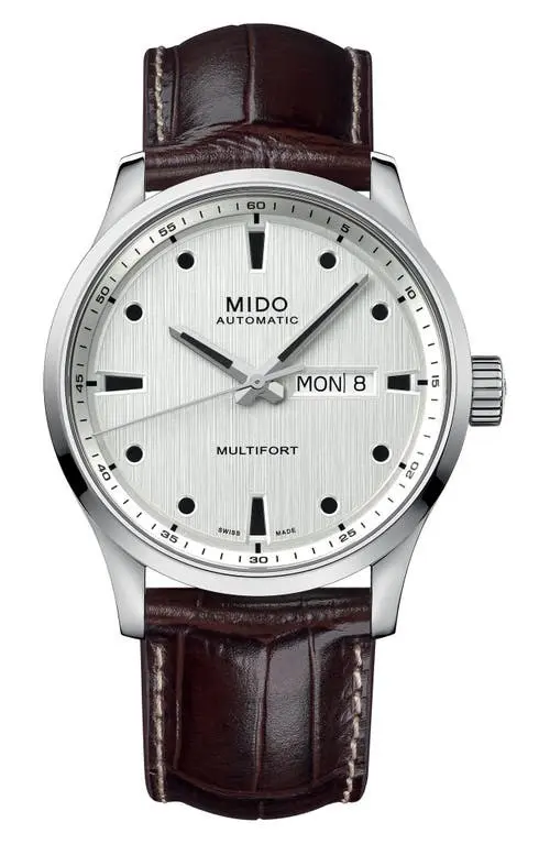 MIDO Multifort Leather Strap Watch - Silver
