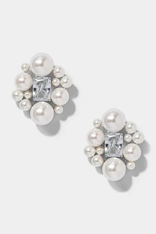Nadri Ingrid Pearl And Cz Cluster Stud Earrings - Rhodium