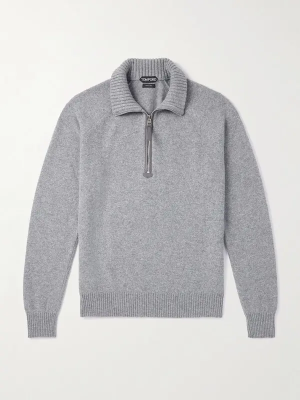 TOM FORD Leather-trimmed Wool And Cashmere-blend Half-zip Rollneck Sweater - Gray