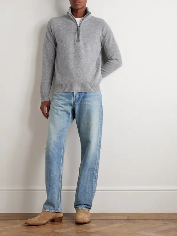 TOM FORD Leather-trimmed Wool And Cashmere-blend Half-zip Rollneck Sweater - Gray
