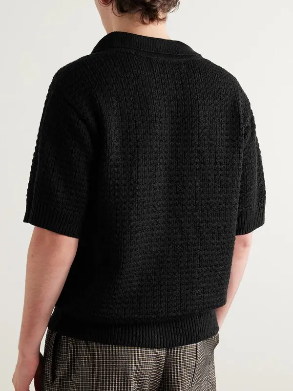 THE ELDER STATESMAN Nora Lite Waffle-knit Cotton Polo Shirt - Black