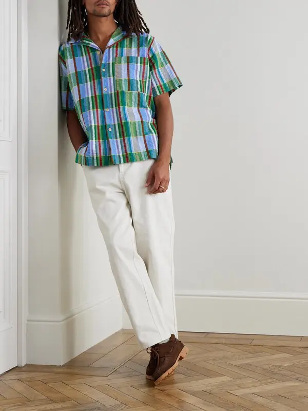Folk Anniversary Convertible-collar Checked Cotton-seersucker Shirt