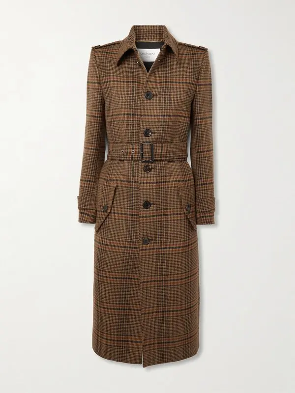 Saint Laurent Belted Checked Wool Trench Coat - Brown