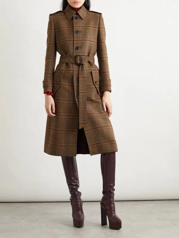 Saint Laurent Belted Checked Wool Trench Coat - Brown