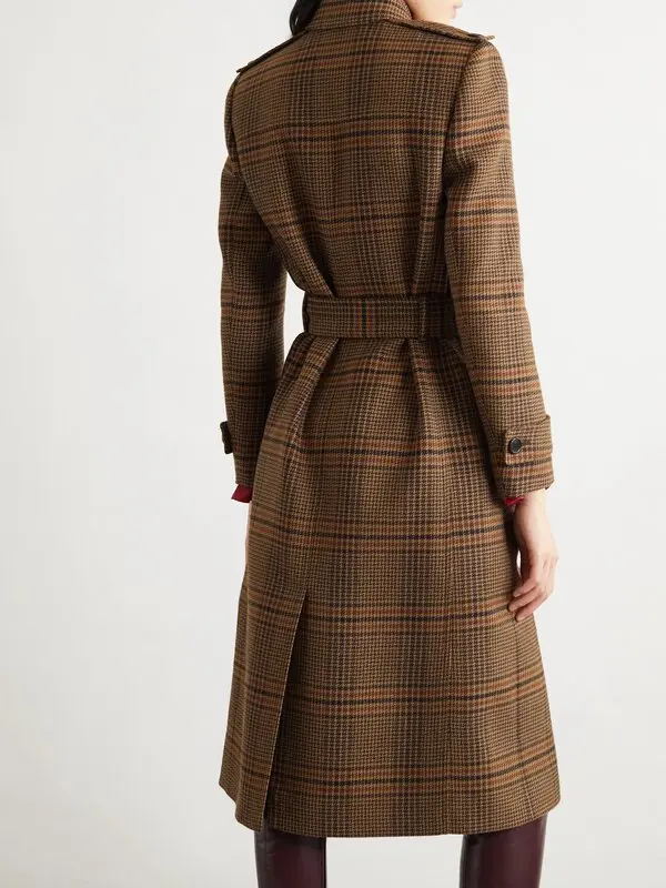 Saint Laurent Belted Checked Wool Trench Coat - Brown
