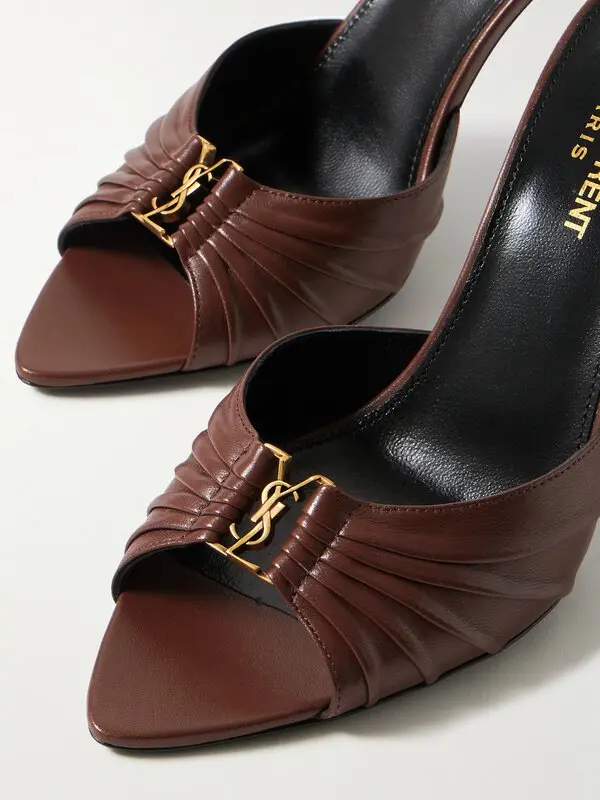 Saint Laurent Babylone Embellished Pleated Leather Mules - Brown