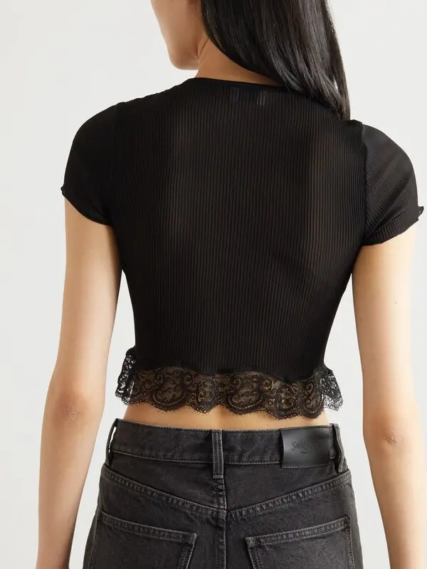 Saint Laurent Cropped Lace-trimmed Ribbed Silk Top