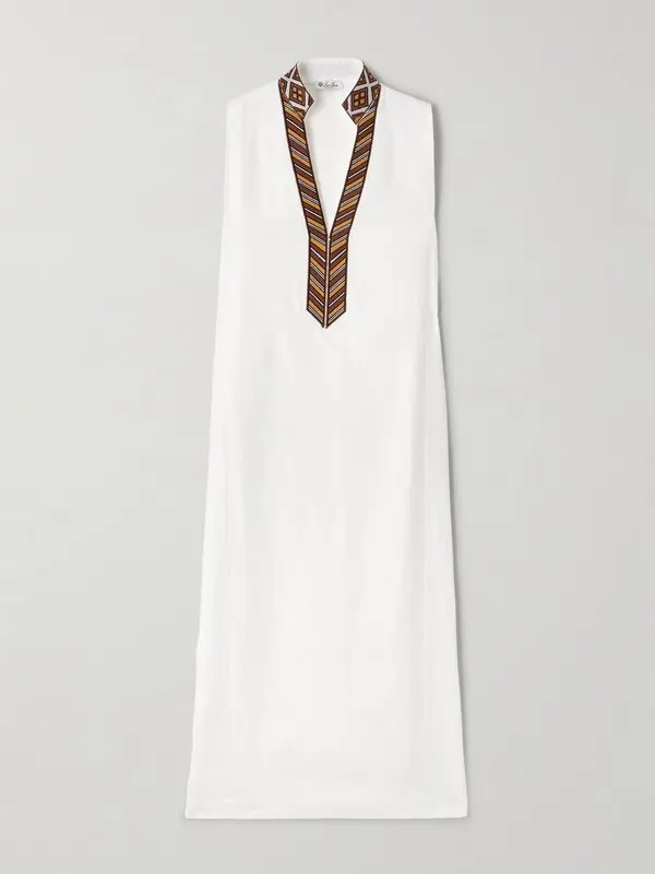 Loro Piana Abril Embroidered Linen Midi Dress - White