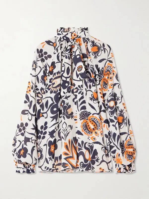 La DoubleJ Cerere Ruffled Tie-detailed Printed Crepe Blouse