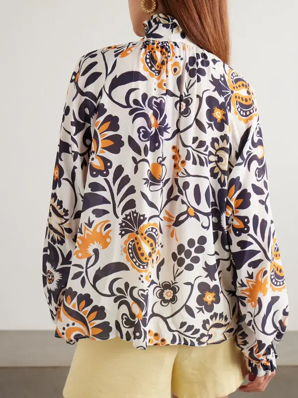 La DoubleJ Cerere Ruffled Tie-detailed Printed Crepe Blouse