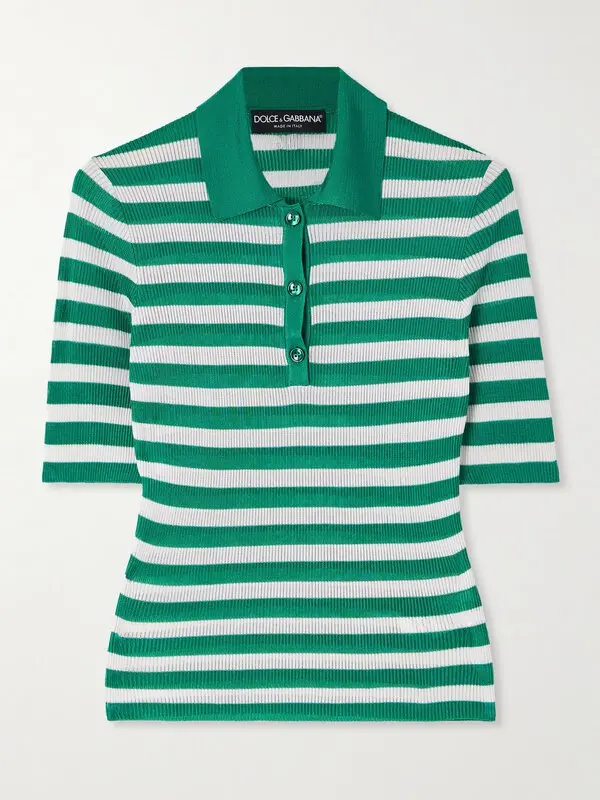 Dolce & Gabbana Striped Ribbed-knit Polo Shirt - Green