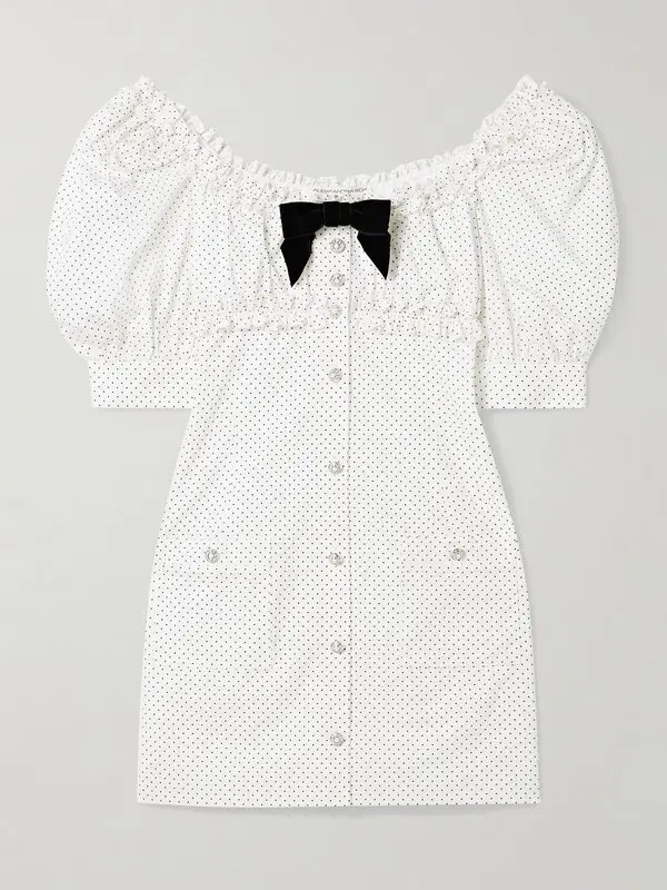 Alessandra Rich Velvet-trimmed Ruffled Polka-dot Cotton-poplin Mini Dress - White