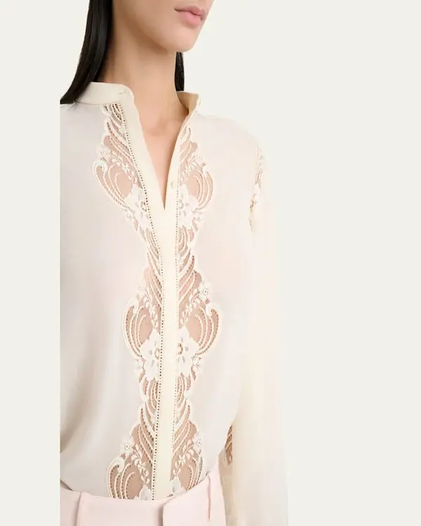 Chloé Lace Placket Tulip-sleeve Silk Blouse