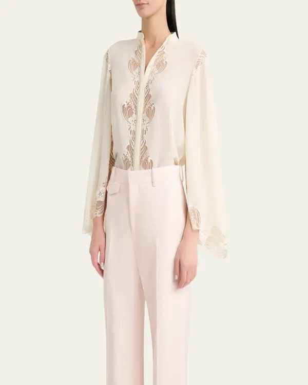 Chloé Lace Placket Tulip-sleeve Silk Blouse