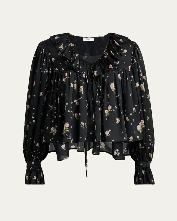 Chloé Floral Silk Ruffle Blouse - Black