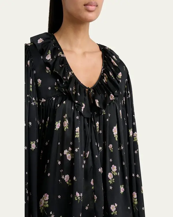 Chloé Floral Silk Ruffle Blouse - Black