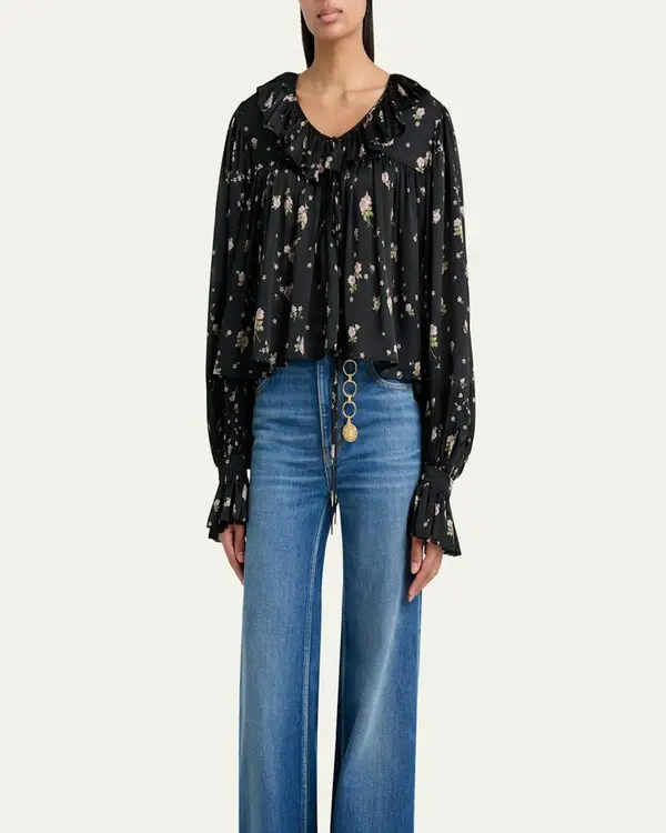 Chloé Floral Silk Ruffle Blouse - Black