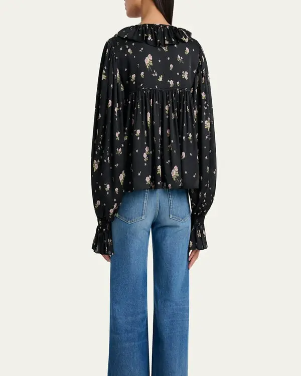 Chloé Floral Silk Ruffle Blouse - Black