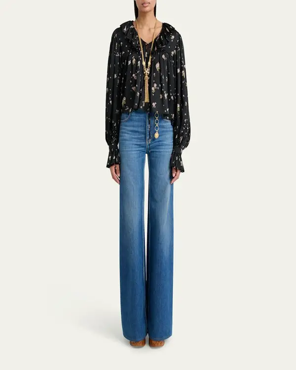 Chloé Floral Silk Ruffle Blouse - Black
