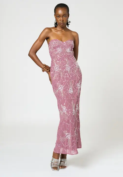 BEAUUT Strapless Embellished Sequin Beaded Maxi Dress