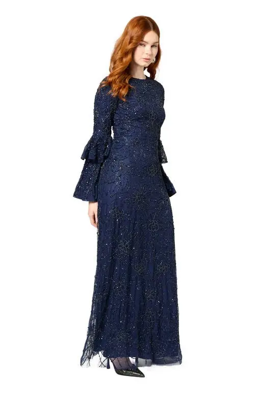 MARYISA Embellished Maxi Dress With Frilled Sleeves