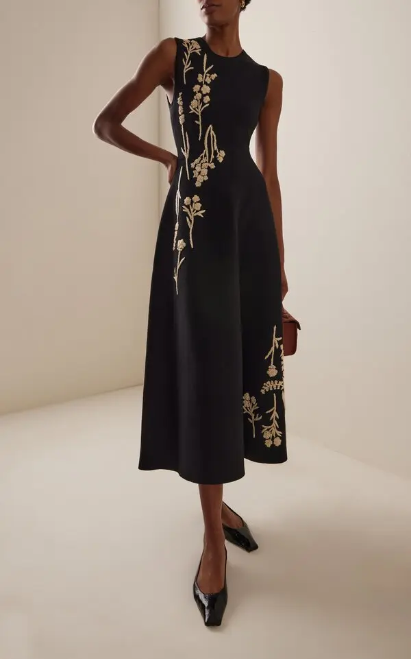 Lela Rose Hailey Raffia-Embroidered Knit Dress - Black | Editorialist